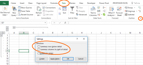 Grouping Direction Above Or Left Of Data In Excel Professor Excel