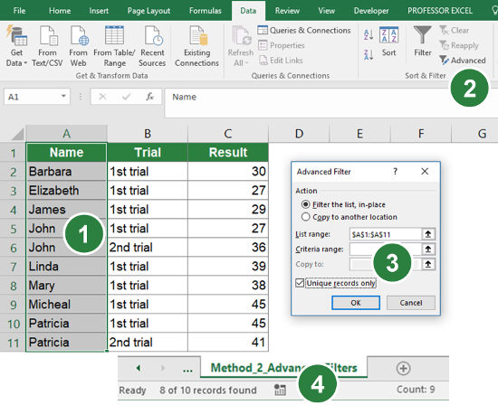 Method 2 Count using Advanced Filter Professor Excel
